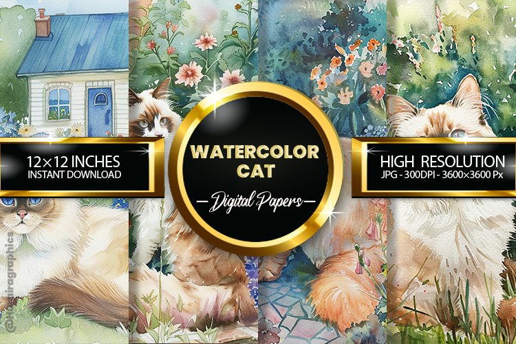 Watercolor Cat Digital Papers - 04 Variations (4073994)