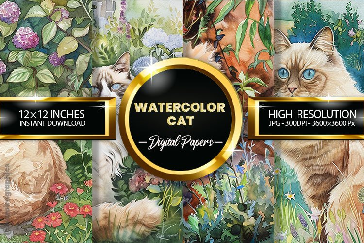 Watercolor Cat Digital Papers - 04 Variations (4073992)
