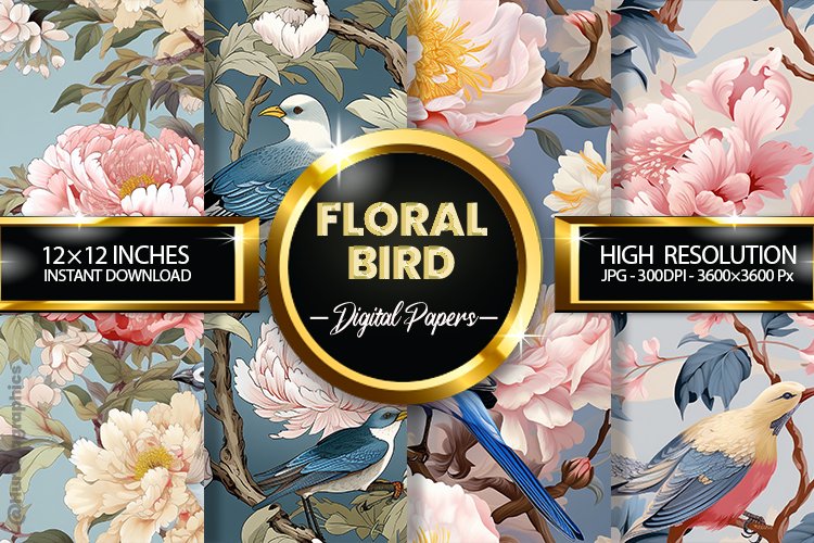 Floral Bird Digital Papers - 04 varitions (4026037)