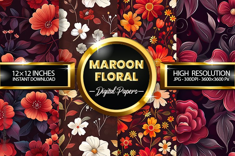 Maroon Floral Digital Papers - 04 Variations (4016323)