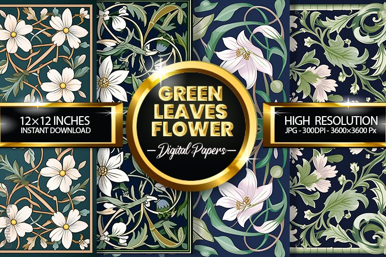 Green Leaves Flower Digital Papers - 04 Variations