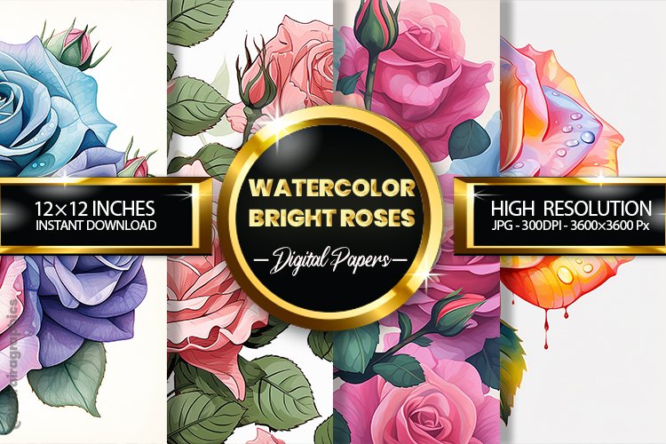 Watercolor Bright Roses Digital Papers - 04 (3636500)