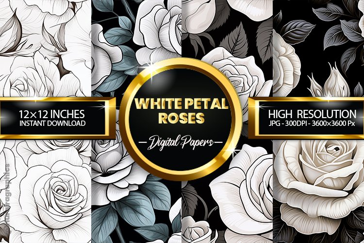 White Petal Roses Digital Papers - 04 Variations (3654695)