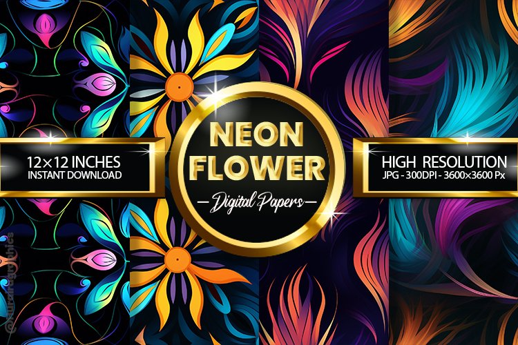 Neon Flower Digital Papers - 04 Variations (3799583)
