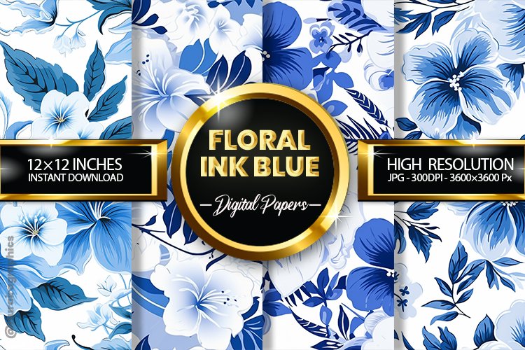 Floral Ink Blue Digital Papers - 04 Variations (3790943)