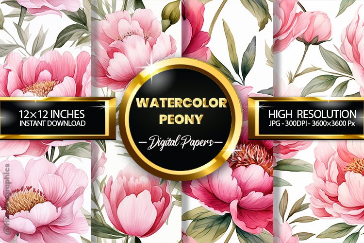 Watercolor Peony Digital Papers - 04 Variations (3654414)