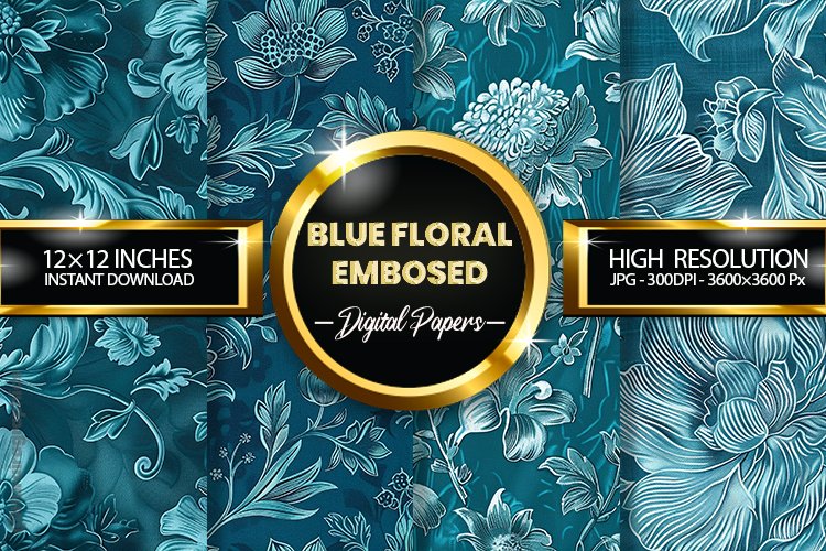 Blue Floral Embosed Digital Papers - 04 Variations (3969352)