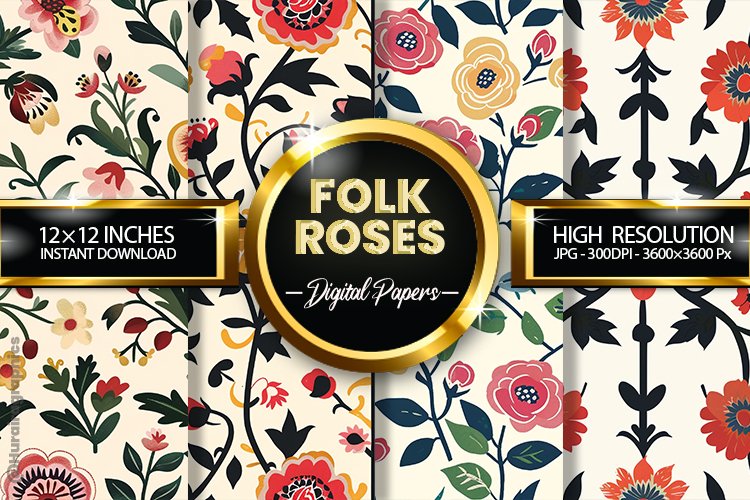 Folk Roses Digital Papers - 04 variations