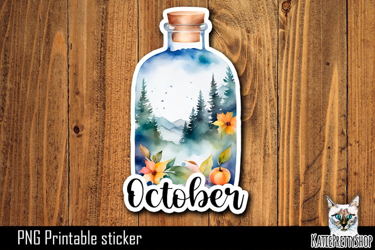 October Month Sticker Printable. Autumn Aesthetic Bottle.