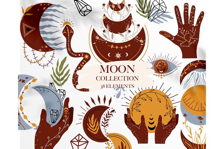 Boho moon clipart, Magical moon clipart, Boho Crescent moon