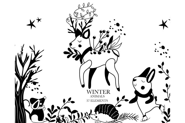 Black and white winter animal svg, Woodland animals clipart