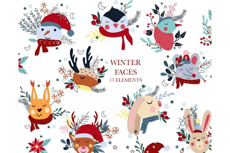 Woodland animals face svg, Christmas animal svg, Cute winter