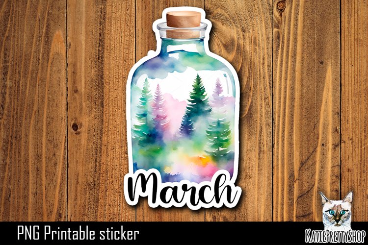 March Month Sticker Printable. Spring Aesthetic Bottle.