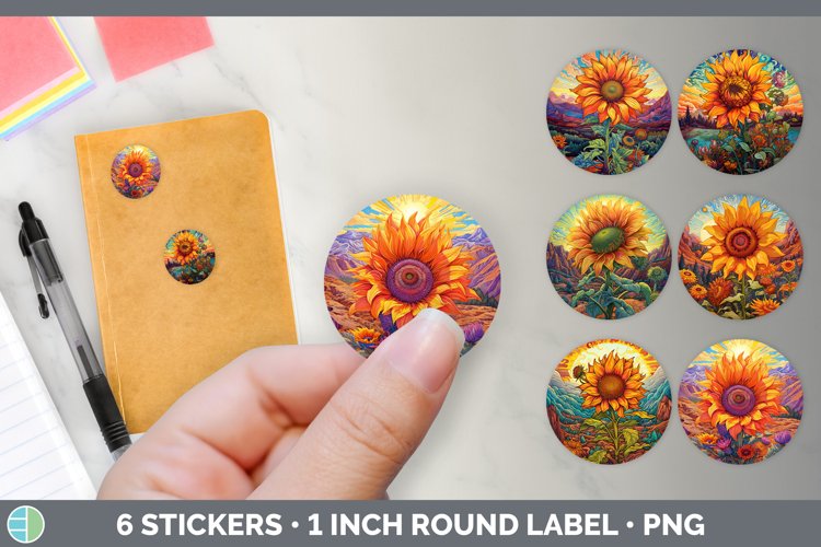 Psychedelic Sunflower Flowers Stickers | Round Labels Design