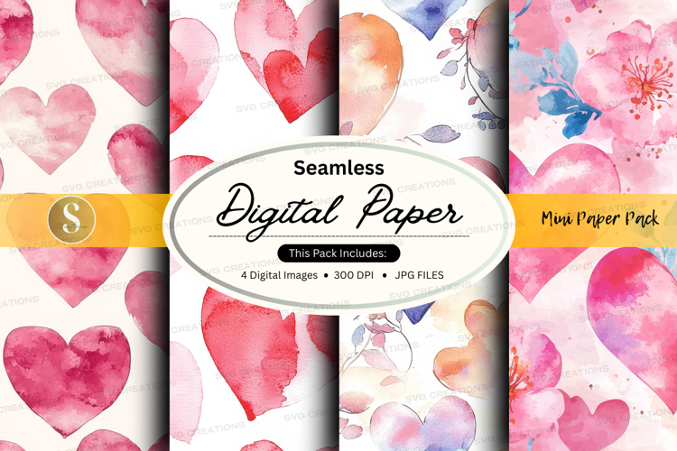 digital paper, watercolor hearts, seamless pattern, heart de