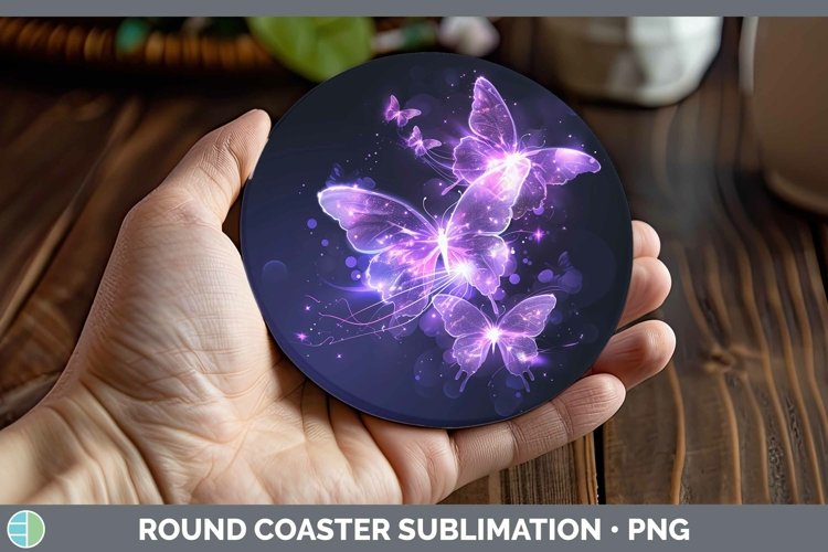 Purple Glow Butterflies Round Coaster Sublimation Coaster De