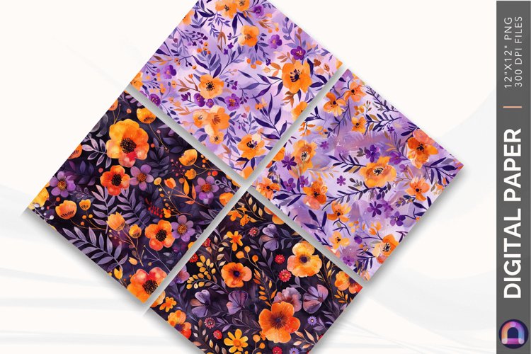 Purple Orange Floral Digital Paper