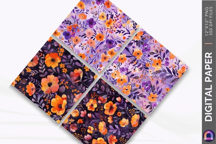 Purple Orange Floral Digital Paper