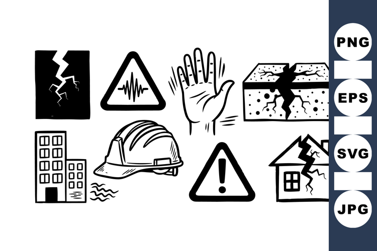 Earthquake Damage Icon Set For Safety Warnings