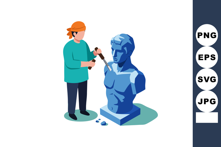 Sculptor Carving Blue Statue Bust with Chisel and Hammer Vec