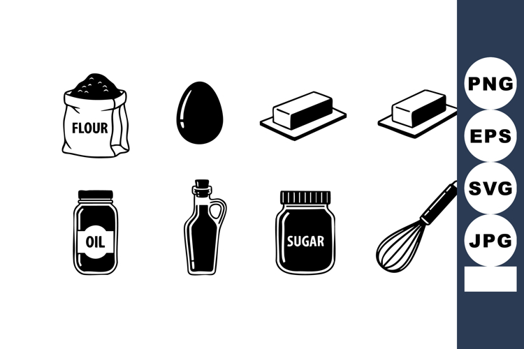 Baking Ingredients Set Flour Egg Butter Oil Syrup Sugar Whis