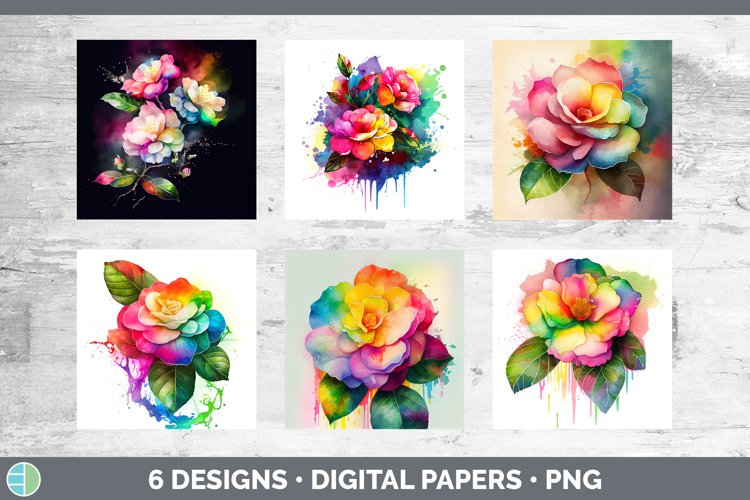 Rainbow Camellia Flowers Paper Backgrounds | Digital Scrapbo
