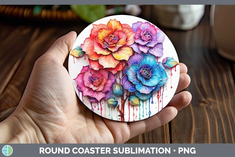 Rainbow Flowers Camellia Round Coaster Sublimation Coaster D