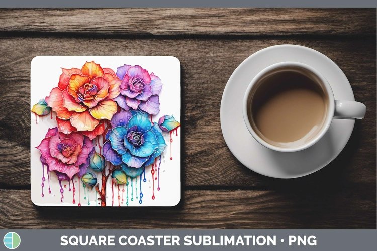 Rainbow Flowers Camellia Square Coaster Sublimation Coaster