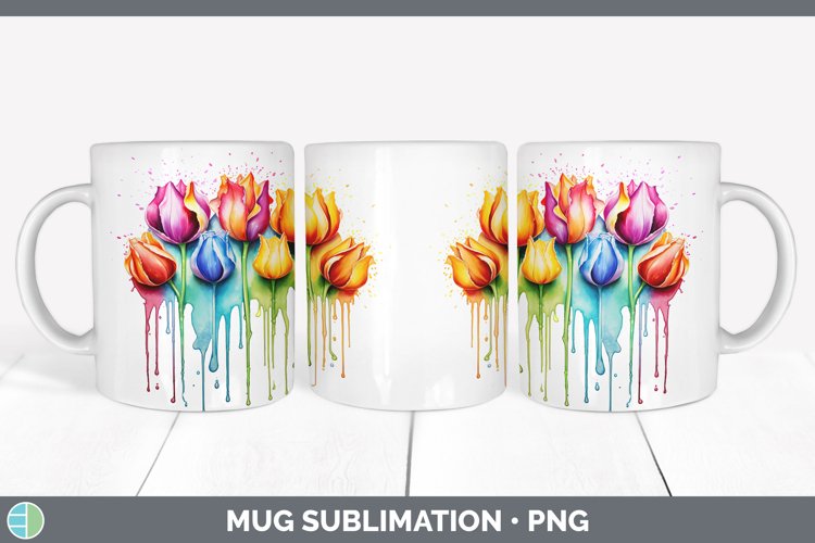 Rainbow Flowers Tulip Mug Wrap Sublimation Coffee Cup Design