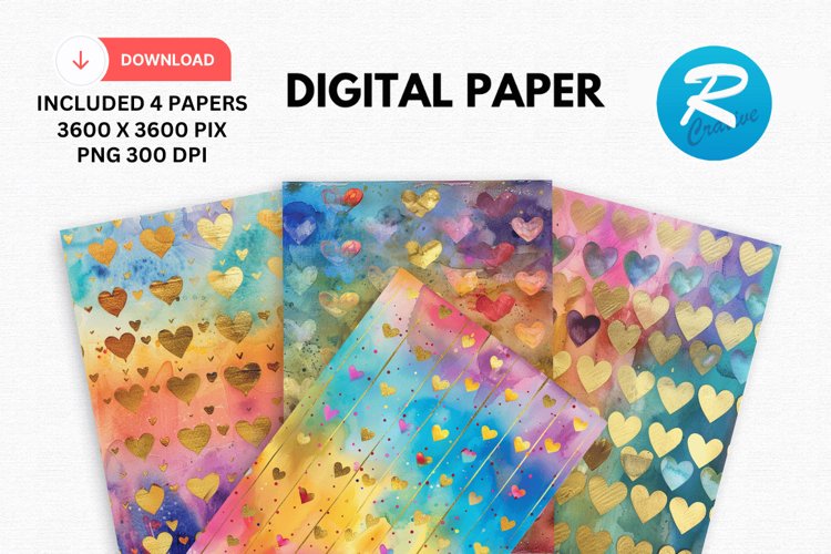 Rainbow Golden Hearts Digital Paper, Rainbow Background