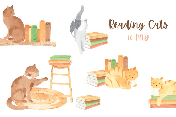 Watercolor Reading Cats - Set of 10 PNG