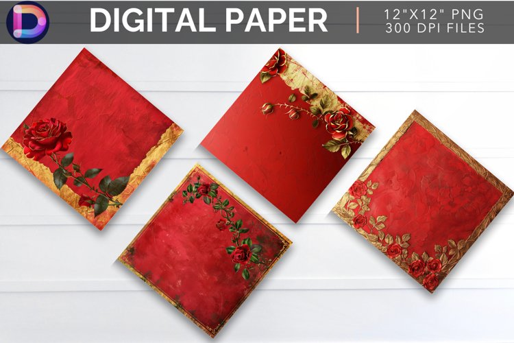 Red Gold Trim Rose Digital Paper