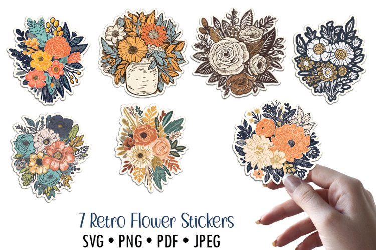 Retro Flower Print and Cut Stickers Bundle