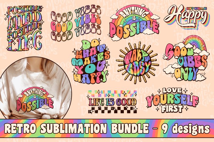 Retro Designs Sublimation Bundle, 9 Inspirational PNG Quotes