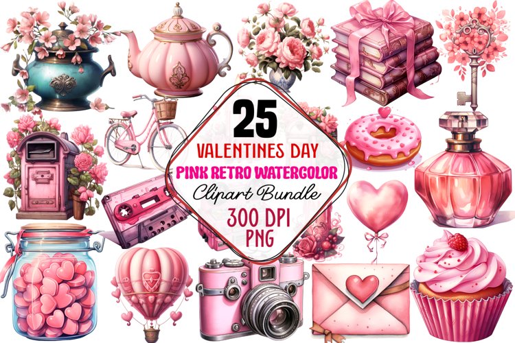 Retro Valentine Watercolor Clipart Bundle, Pink Valentine Wa