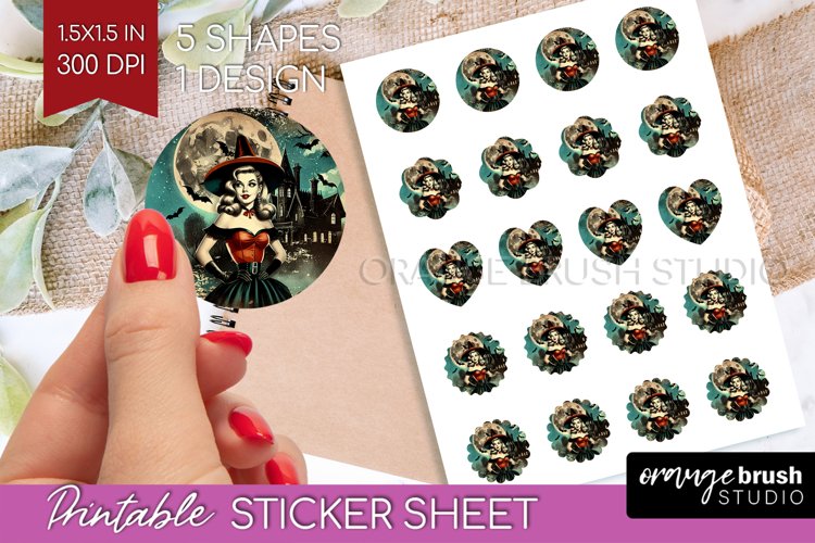 Witch Round Sticker - Retro Halloween Printable (4861745)
