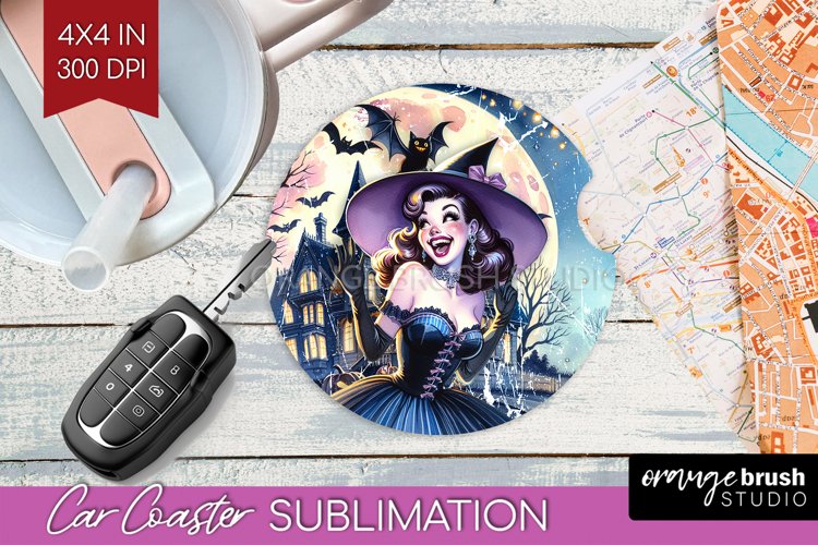 Witch Car Coaster - Retro Halloween Coaster PNG (4862397)
