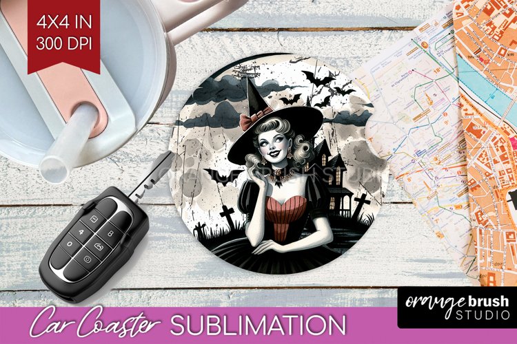 Witch Car Coaster - Retro Halloween Coaster PNG (4862413)