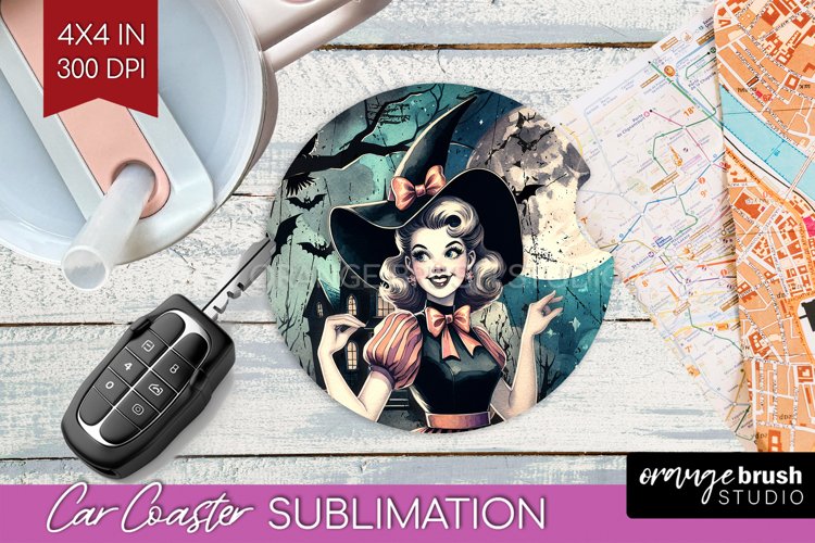 Witch Car Coaster - Retro Halloween Coaster PNG (4862436)