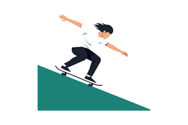 Skater performing tricks on a sloped ramp in minimal flat ve