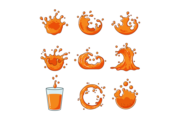 Orange liquid splash designs in flat style showcasing variou