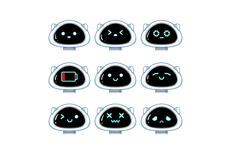 Cute robot heads displaying various emotions and expressions