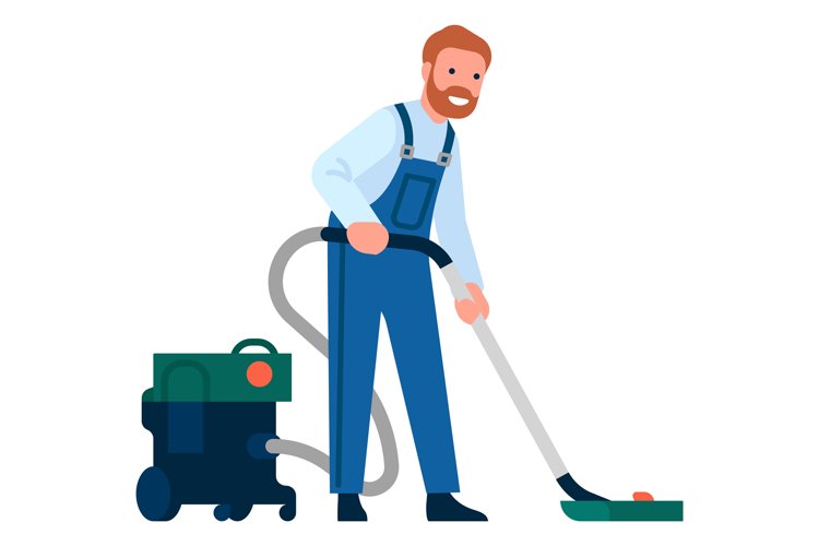 Man working with professional vacuum cleaner. Janitor cleani