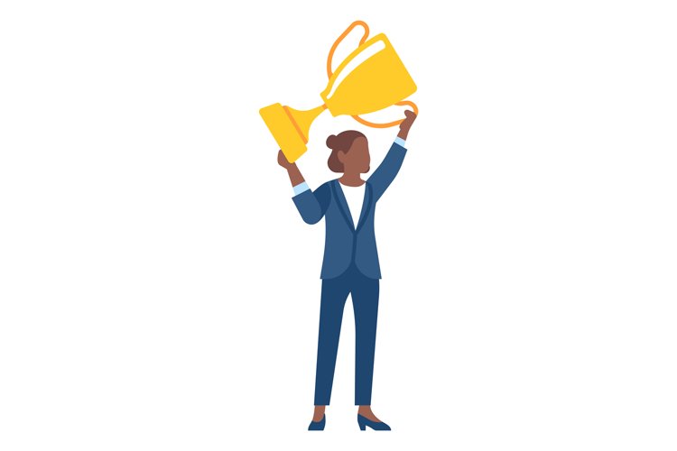 Woman holding winner cup. Golden victory prize symbol