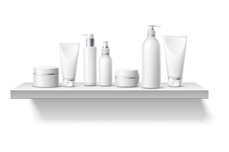 Cosmetic packages shelf mockup. Realistic blank containers