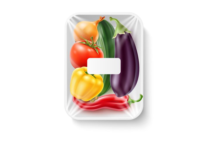 Product tray with fruits and vegetables. Realistic (2372853)