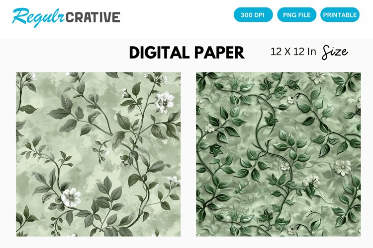 Sage Green Floral Seamless Digital Paper