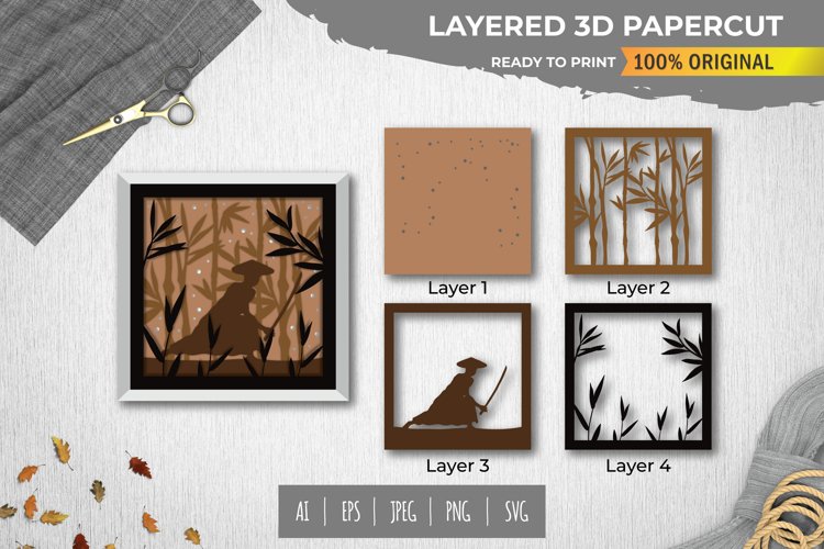 3D Papercut Samurai Layered Template