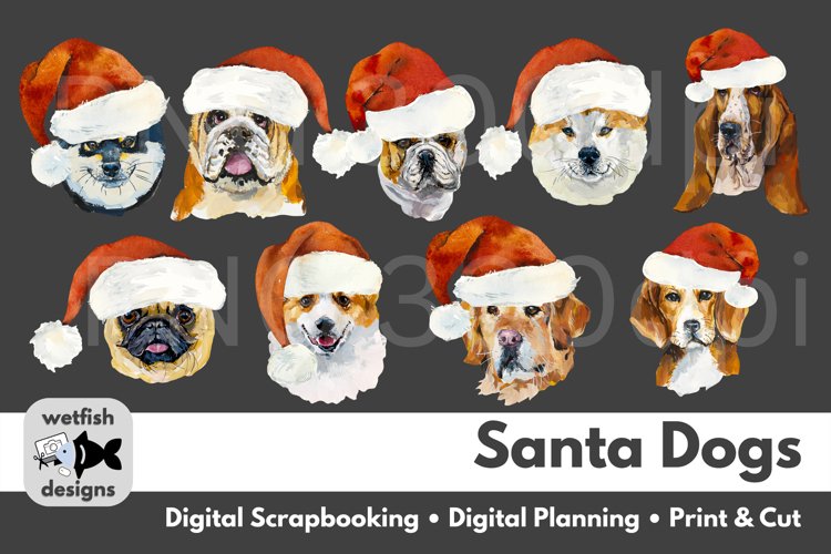 Watercolor Santa Dogs for Digital Scrapbooking, Paper Crafts