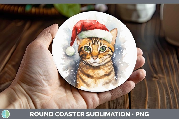 Santa Hat Bengal Cat Round Coaster Sublimation Coaster Desig